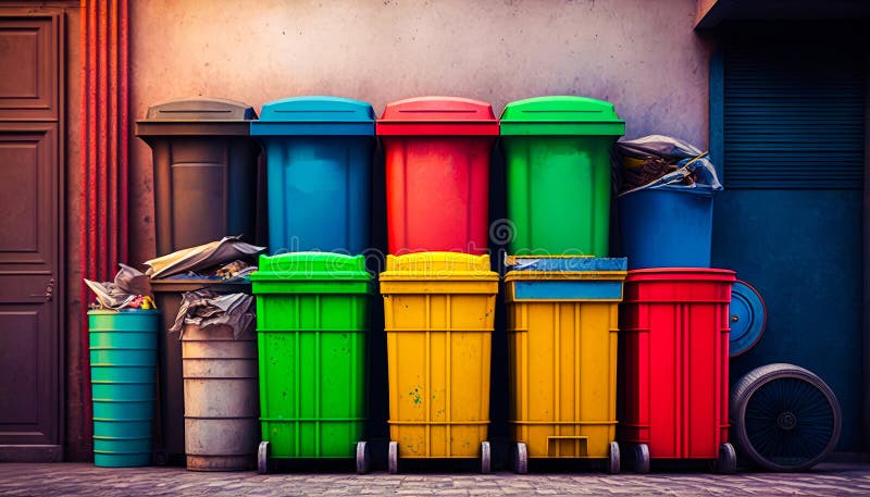 Group of Trash Cans Sitting in Front of Building. Generative AI Stock ...