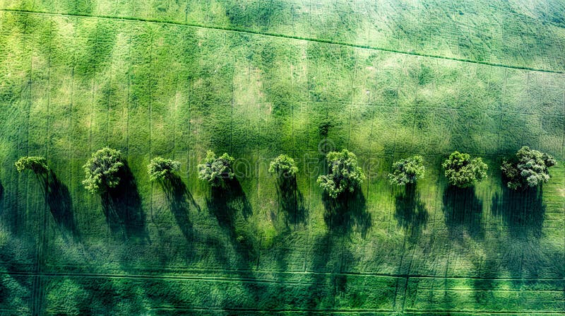 Group of Trees Casting Long Shadows on Green Grass Covered Field with ...