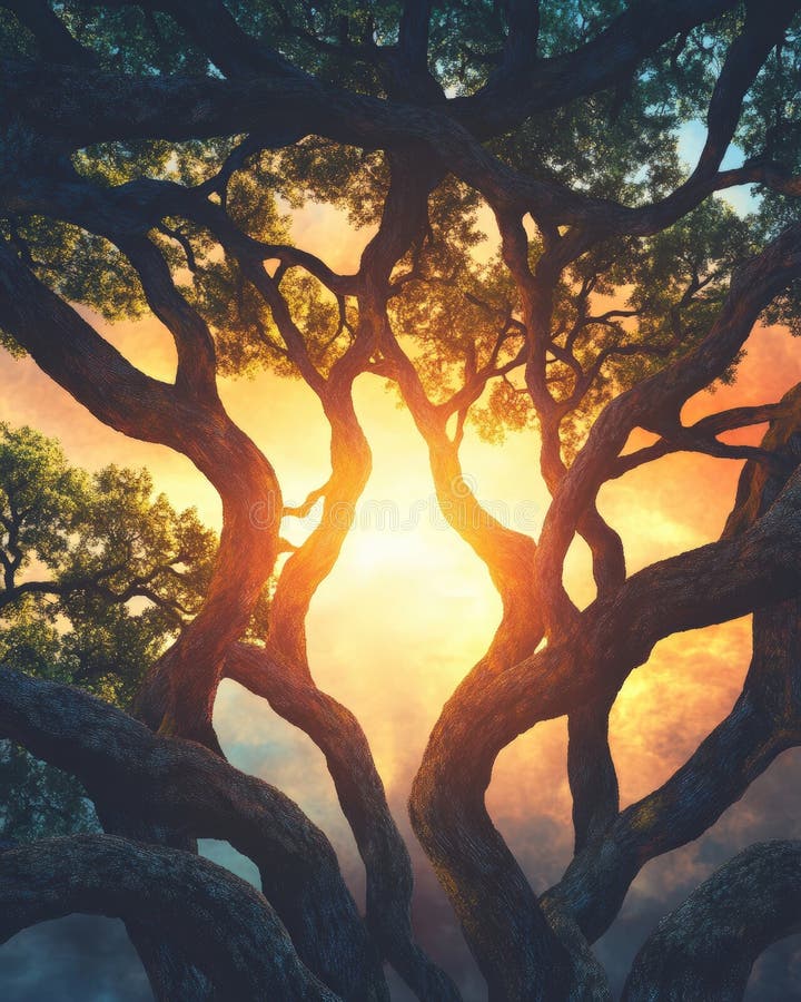 A Group of Trees with Intertwined Branches Glowing in Sunrise Light ...