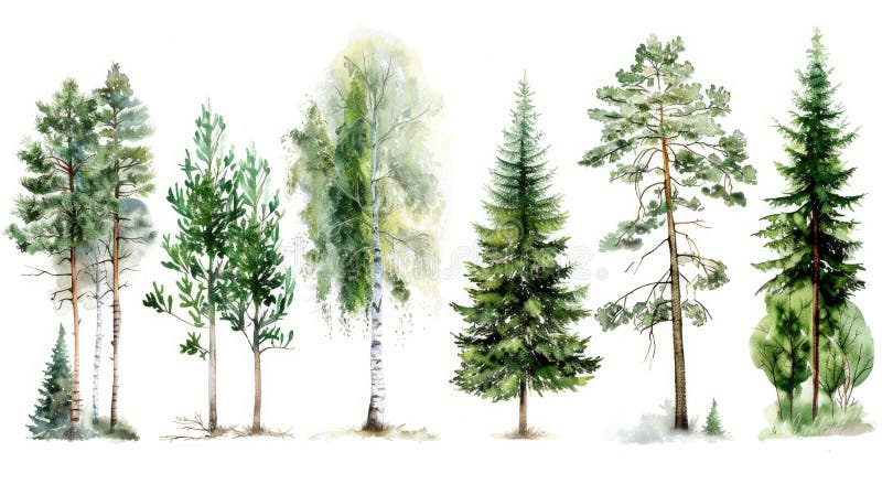 A Group of Trees Painted in Watercolor on a White Background. Suitable ...