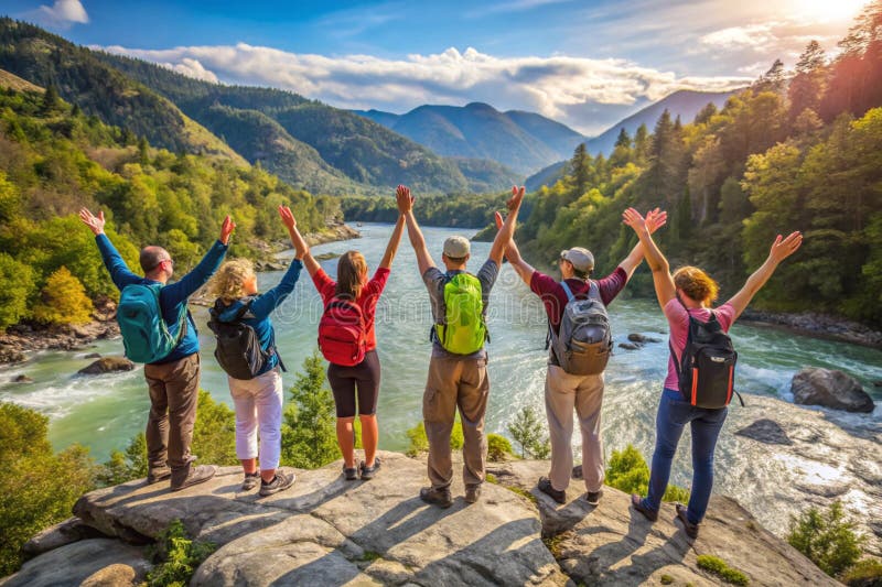 A Group of Trekkers Celebrating at a River Viewpoint Stock Illustration ...