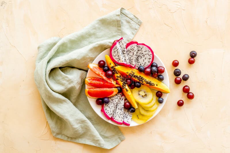 Group of Tropical Fruits in Plate. Exotic Breakfast with Mango and ...