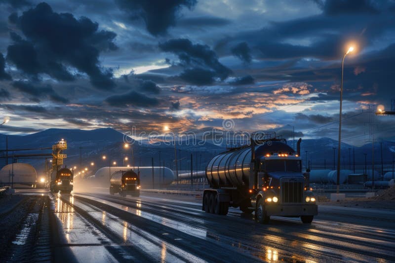 Group of Trucks Driving on Wet Road, Suitable for Transportation ...