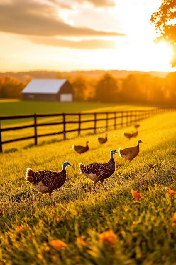 A Group of Turkeys Meanders through a Lush Grassy Field Bathed in Warm ...
