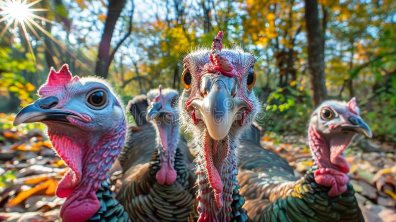 A Group of Turkeys Standing Closely Together, Displaying Their Feathers ...