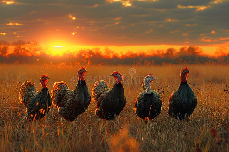 A Group of Turkeys Standing in a Field during Sunset Stock Image ...