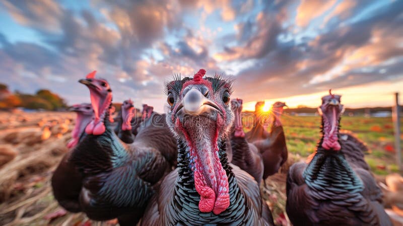 A Group of Turkeys Standing in a Row, Showcasing Their Colorful Plumage ...