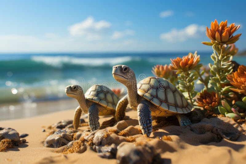 A Group of Turtles Sitting on Top of a Sandy Beach Stock Image - Image ...