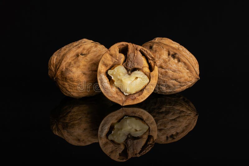 Ripe Brown Walnut Isolated on Black Glass Stock Photo - Image of pair ...