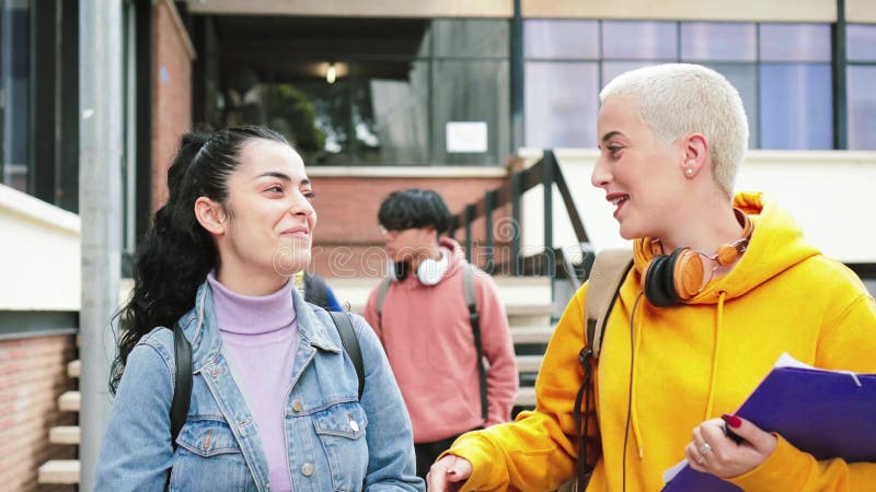 A Group of Two Young Female Students Walking and Talking about Gossip ...