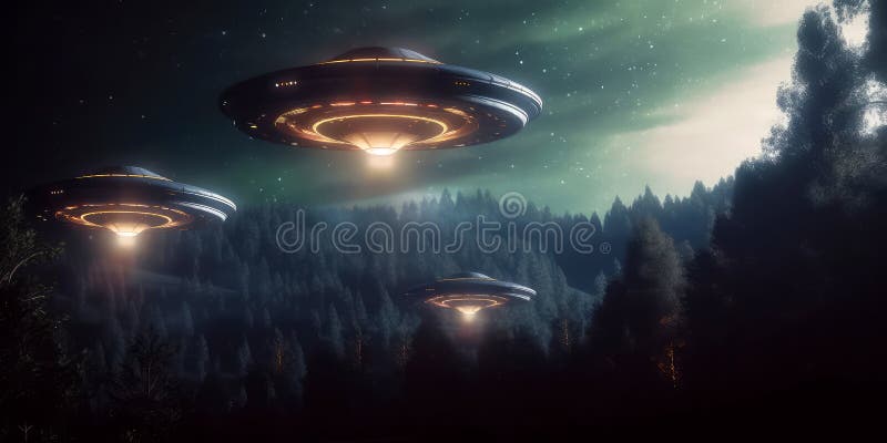 A Group of UFOs Hovering Above a Dark Forest with a Starry Night in the ...