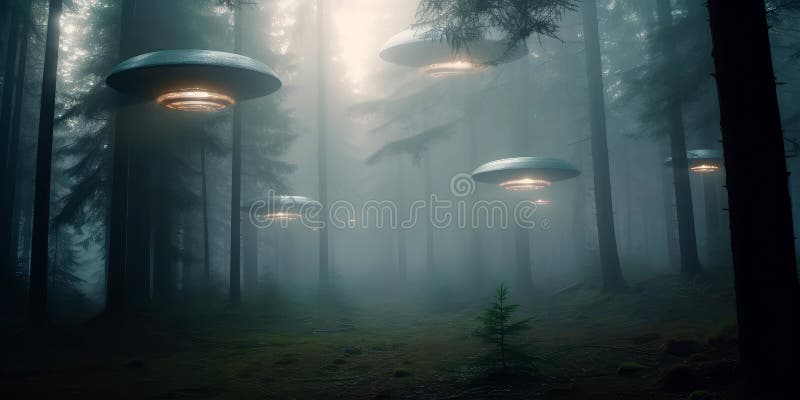 A Group of UFOs Hovering through Trees and Mist Stock Illustration ...