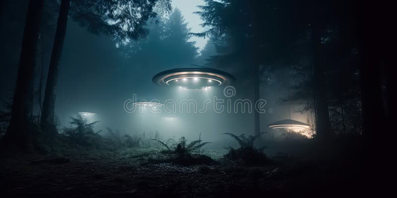 A Group of UFOs Hovering through Trees and Mist Stock Illustration ...