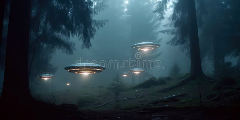 A Group of UFOs Hovering through Trees and Mist Stock Illustration ...