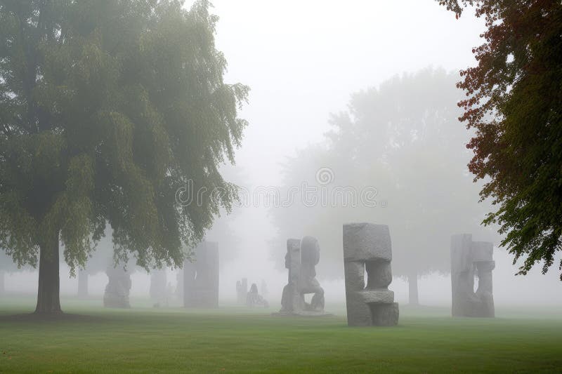 Group of Unique Sculptures Emerging from the Mist in a Park Stock ...