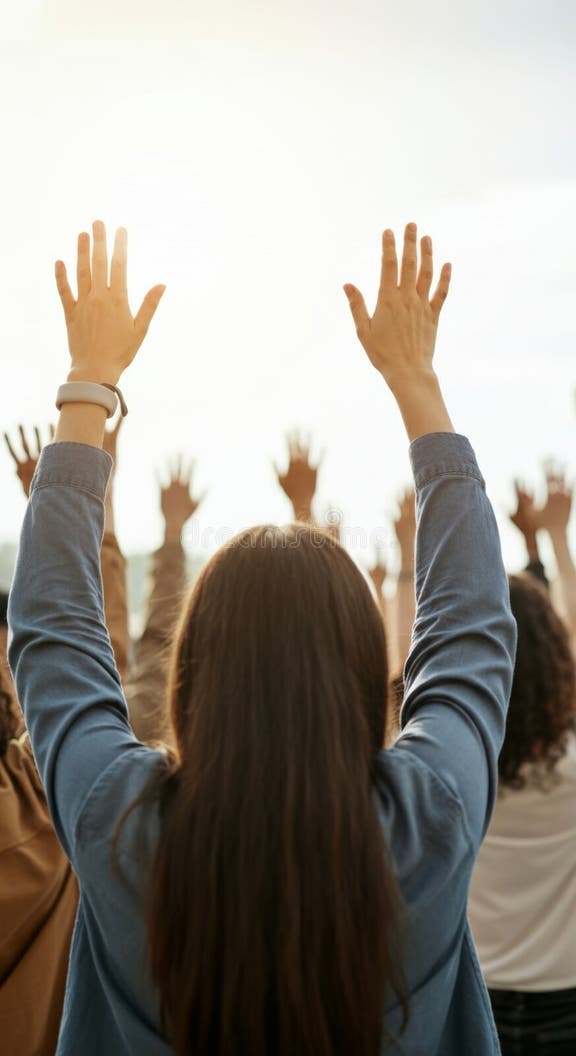Group Unity with Raised Hands in Celebration Outdoors at Sunset Stock ...