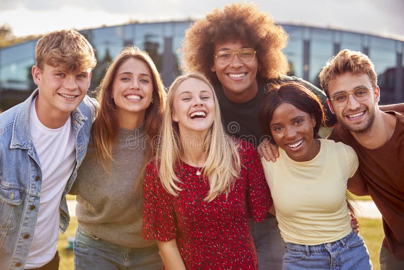 Group of University or College Students Outdoors on Campus Smiling and ...