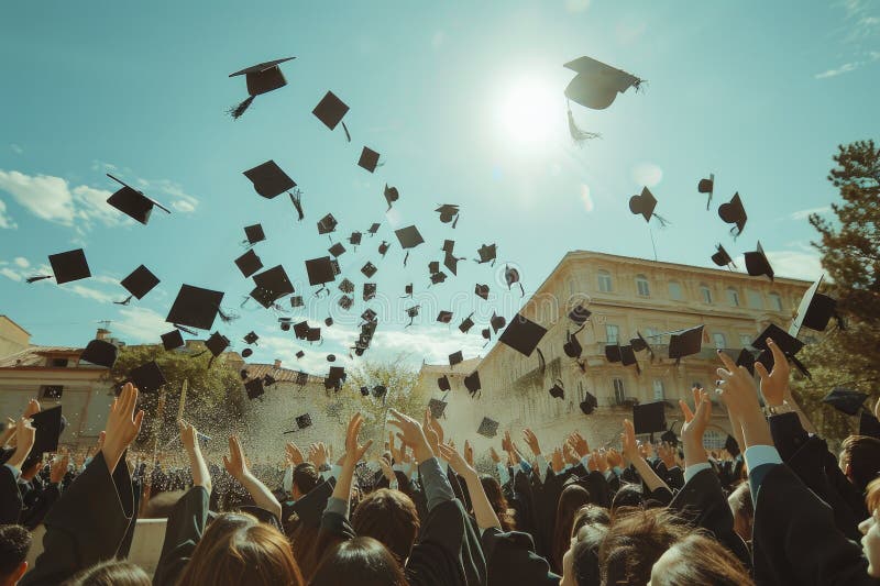 Group of University Students in Black Gowns, Throwing Up Their Hats in ...