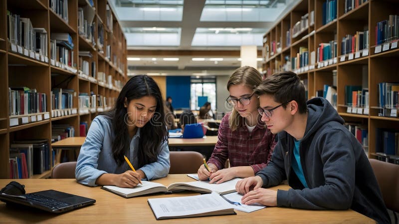 Group of University Students Collaborating on Homework in Library Stock ...