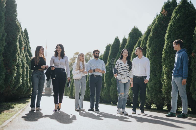 Group of University Students Collaborating on a Project in a Sunny Park ...