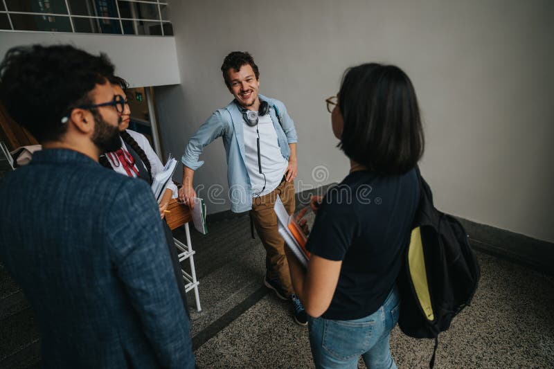 Group of University Students Discussing Lecture Materials in Hallway ...