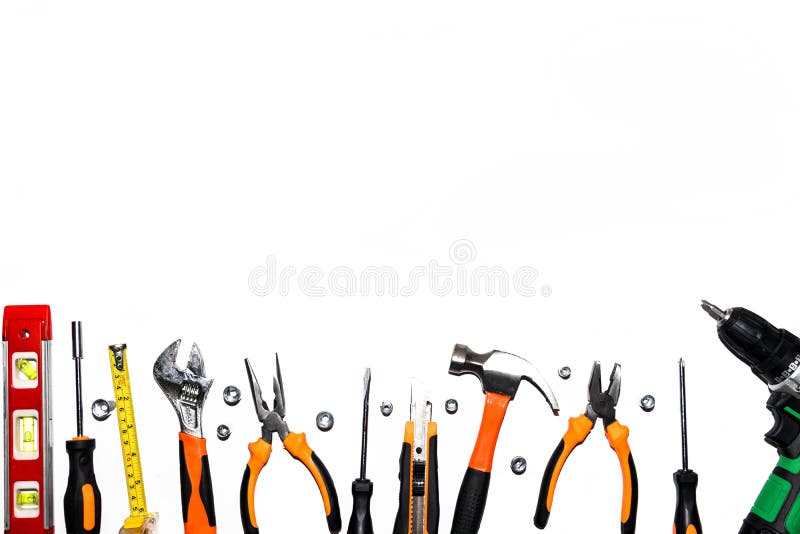 Group of Used Mechanical Tools on a White Background. with Place for ...