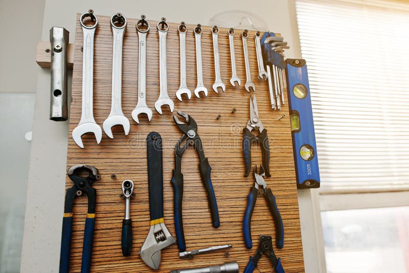 Group of Used Tools on Wood Deck, Toolkit Stock Photo - Image of ...