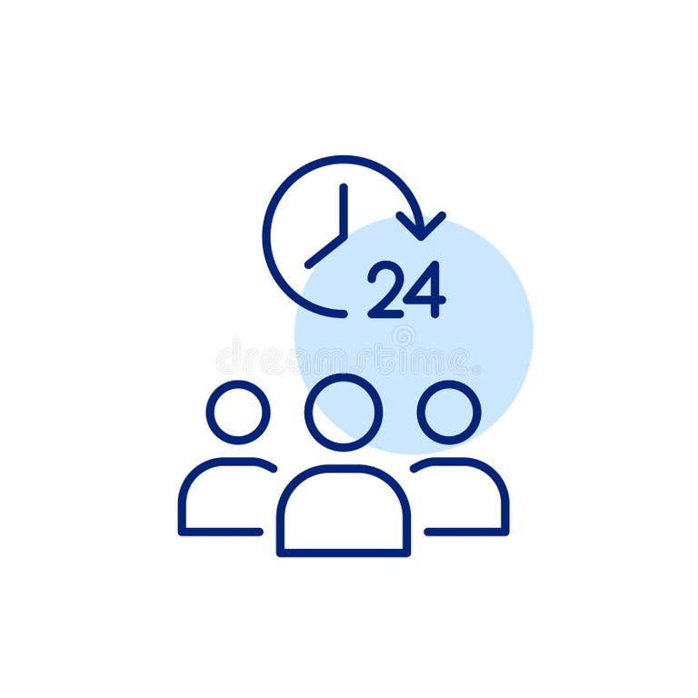 Group of Users and 24 Hours Clock. Round the Clock Assistance, always ...