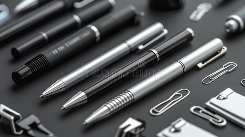 A Group of Various Pens and Clips Arranged Neatly on a Black Surface ...
