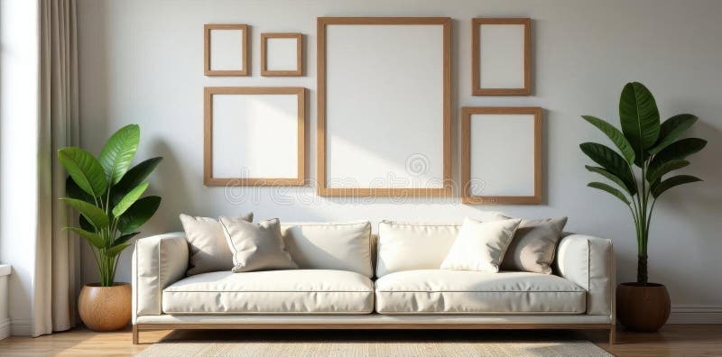 Group of Various Sized Wooden Frames Against a Modern Wall, Luxury Sofa ...