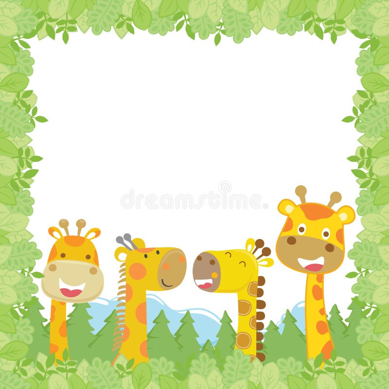 Group of Vector Giraffe Cartoon on Leaves Border Frame Stock Vector ...