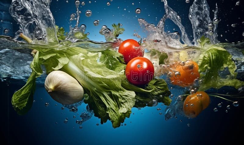 Group of Vegetables in the Water, Splashing in Water Stock Illustration ...