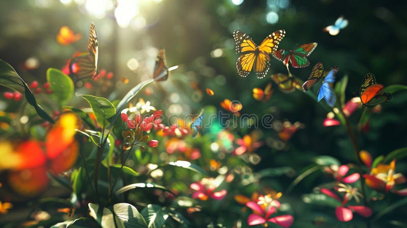 A Group of Very Beautiful Butterflies Fluttering in the Tropical Forest ...