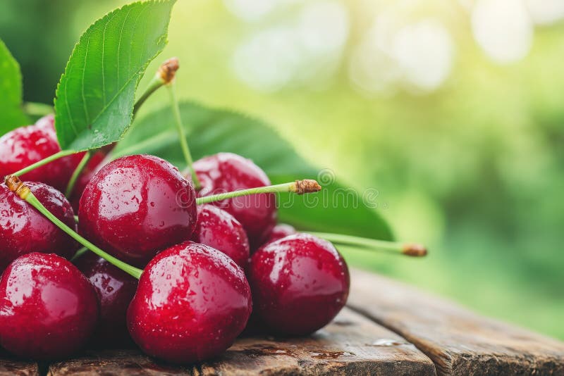 Freshly Picked Cherries Resting on Wooden Surface Surrounded by Green ...