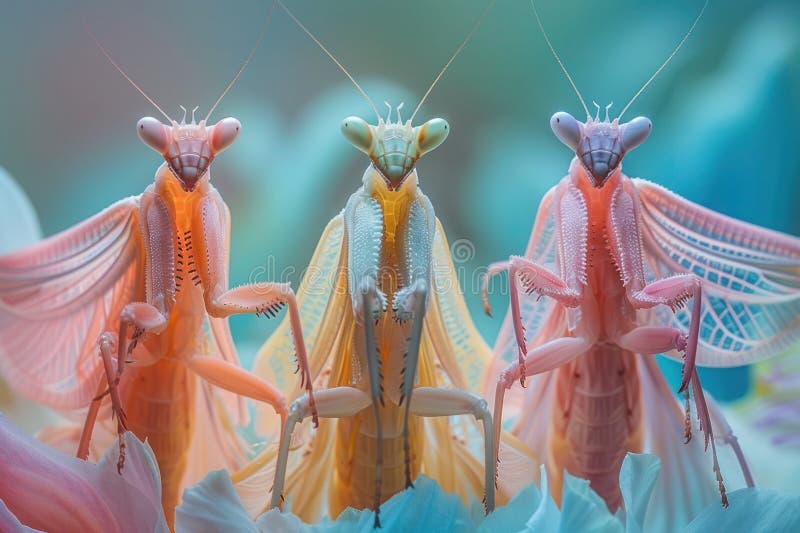 Group of Vibrant Orchid Mantises in Fashionable Outfits, Isolated on ...