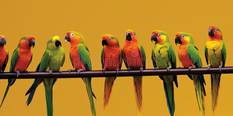 A Group of Vibrant Parrots Perched on a Wire, Mimicking Musical Notes ...