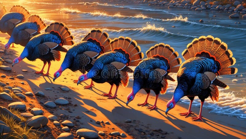 Majestic Wild Turkeys at Golden Sunset Beach Stock Illustration ...
