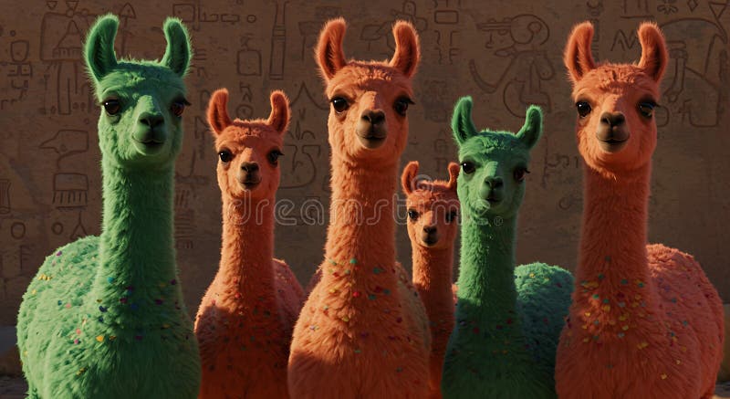 Colorful Llama Group Portrait on Textured Background Featuring Graphic ...