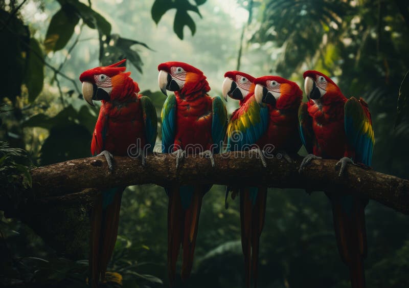 A Group of Vibrantly Colored Parrots Sat on a Tree Limb in a Lush ...