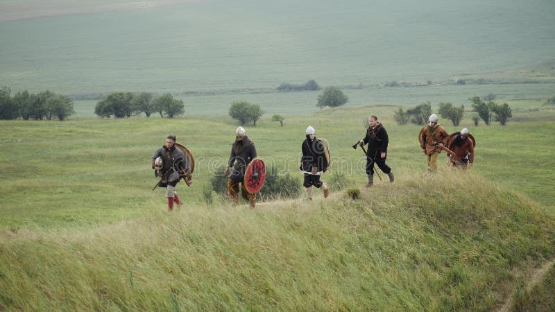 Group of Viking with Shields Walking Forward on the Meadow Stock ...