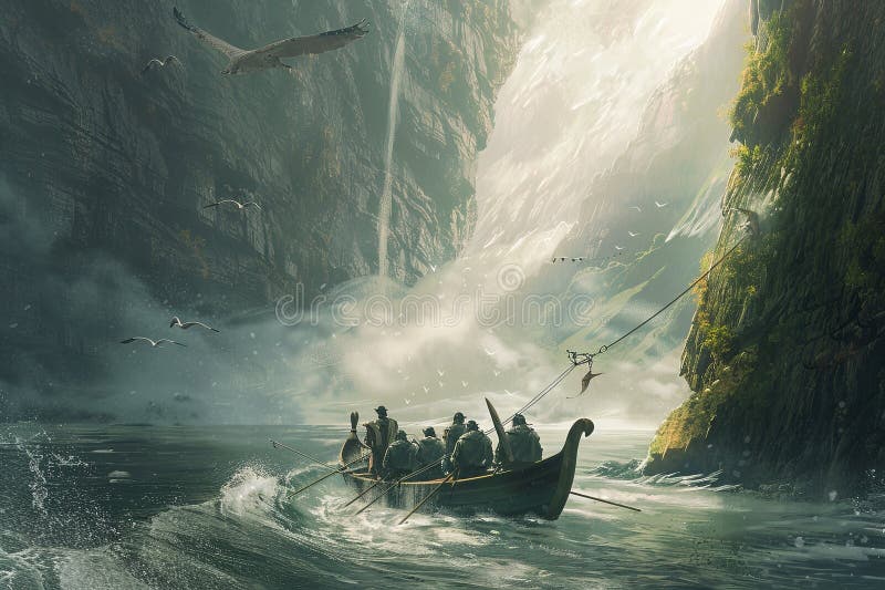 Group of Vikings Sailing in a Boat on a River, Rowing and Navigating ...