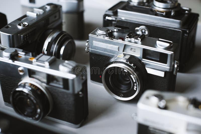 Group of Vintage Camera on the Table Stock Image - Image of film, retro ...
