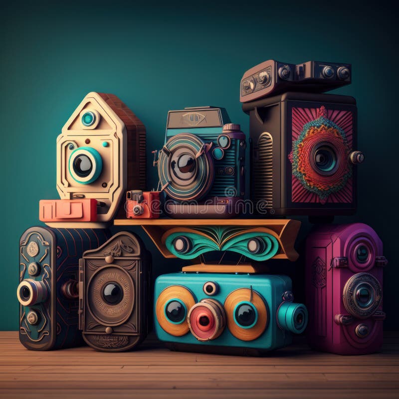 Group of Vintage Cameras Sitting on Top of Each Other. Generative AI ...