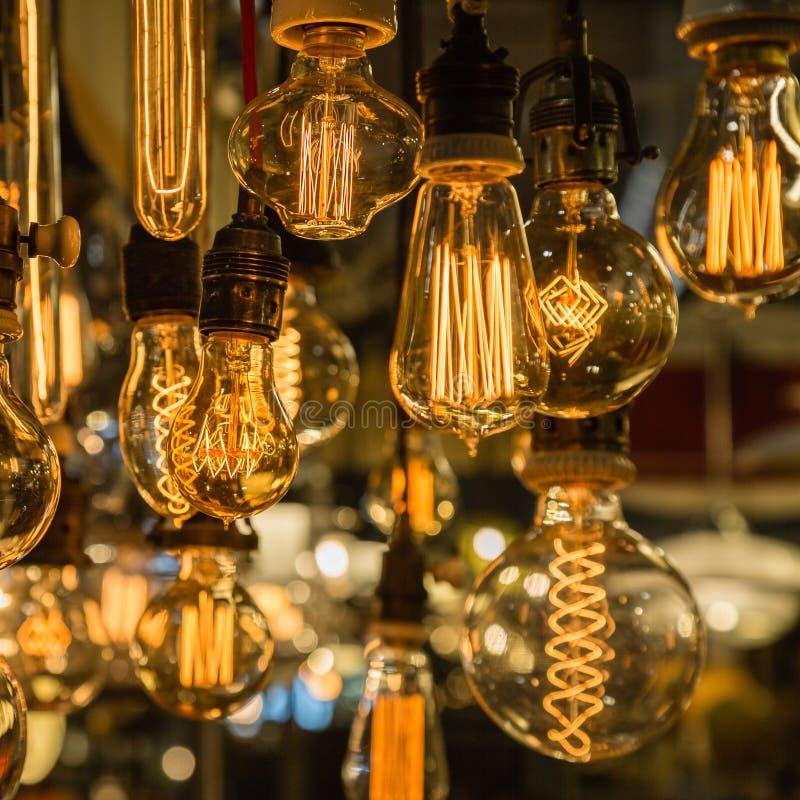Group of Vintage Electric Light Bulbs with Incandescent Filament Stock ...