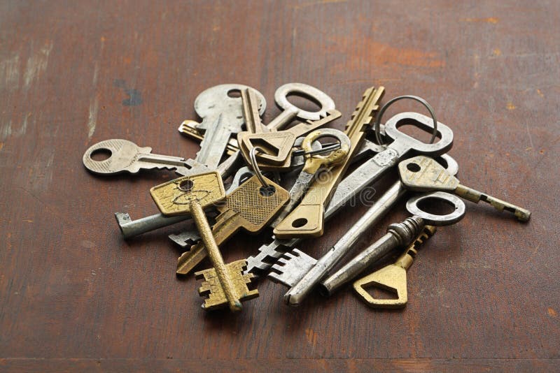 Old keys on workbench a stock image. Image of wooden - 33777551