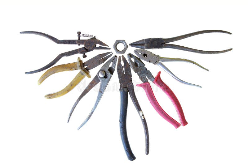 Group of Vintage Pliers Teamwork Turning Nut Stock Photo - Image of ...