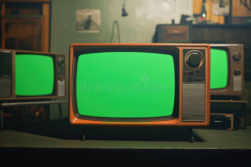 Group of Vintage Televisions with Green Screens, Great for Retro-themed ...