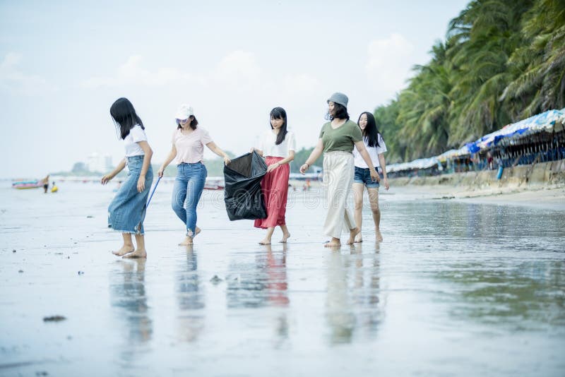 Group of Volunteer Keep Clean on Sea Beach Stock Image - Image of team ...