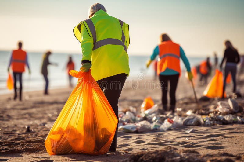 Group of Volunteers Clearing Trash from Beach and Putting it into Bags ...