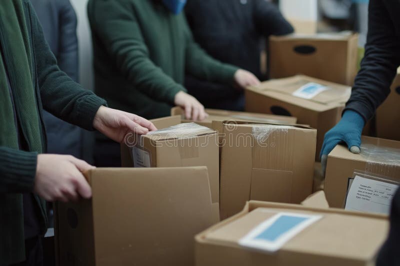 Group of Volunteers Pack Donation Boxes. People Work Together in ...